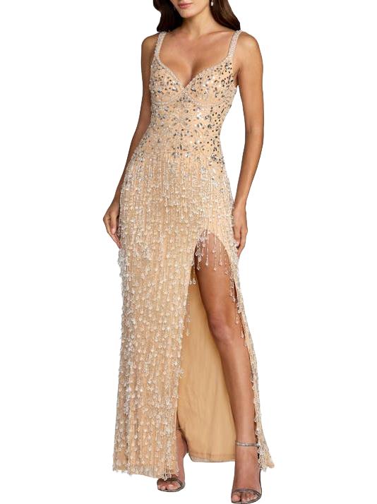 MAC DUGGAL Mac Duggal Embellished V-Neck Fringe Gown